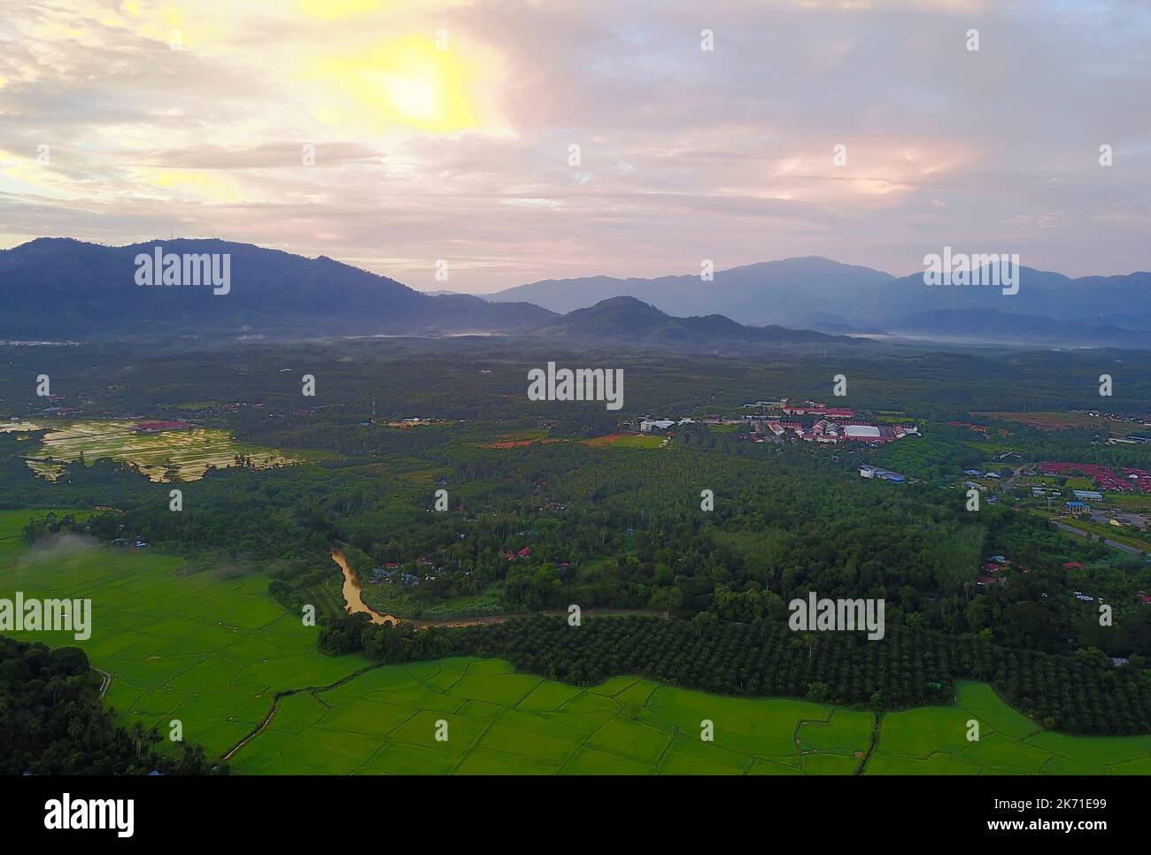 Aerial view of Mount Baling, with padding field view before sunrise ...