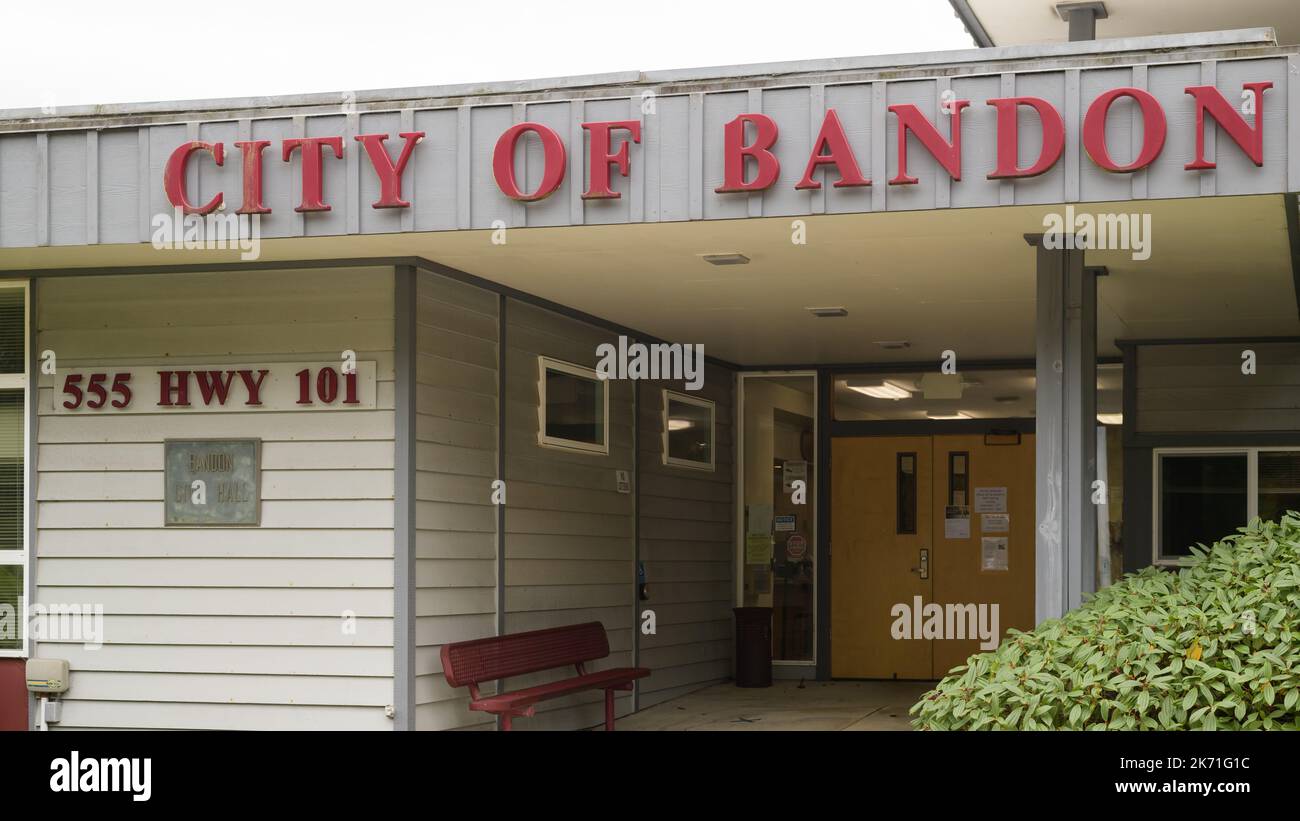 Bandon, OR, USA - September 18, 2022; Sign over entrance for City Of ...