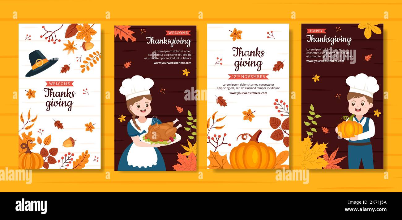 Happy Thanksgiving Celebration Social Media Stories Flat Cartoon Hand ...