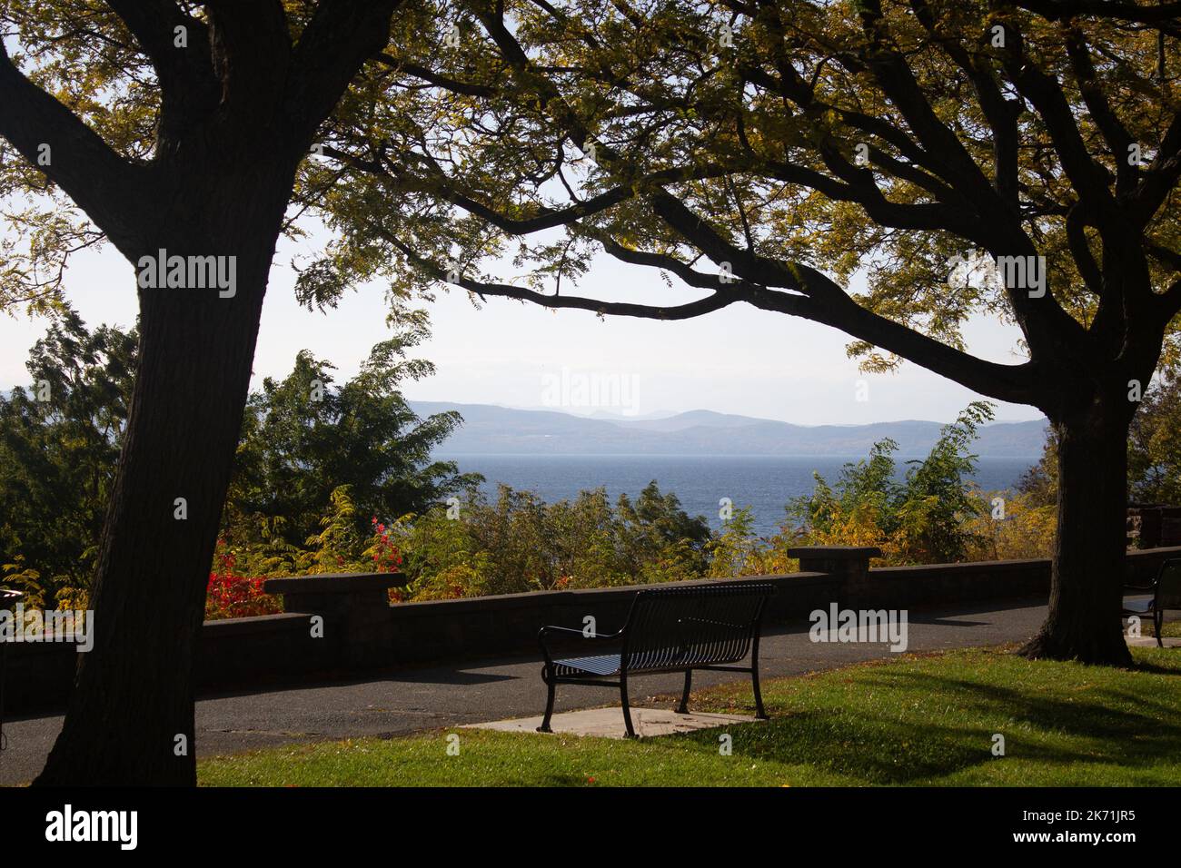 Park bench overlooking Lake Champlain in Burlington, VT in beautiful ...