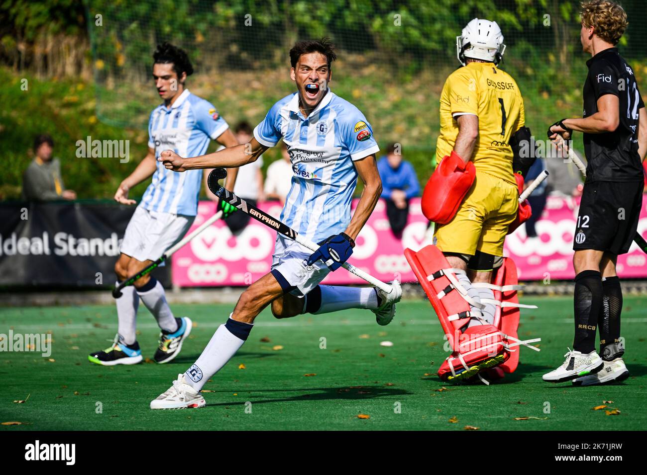 Gantoise's Timothee Clement celebrates after scoring during a hockey ...
