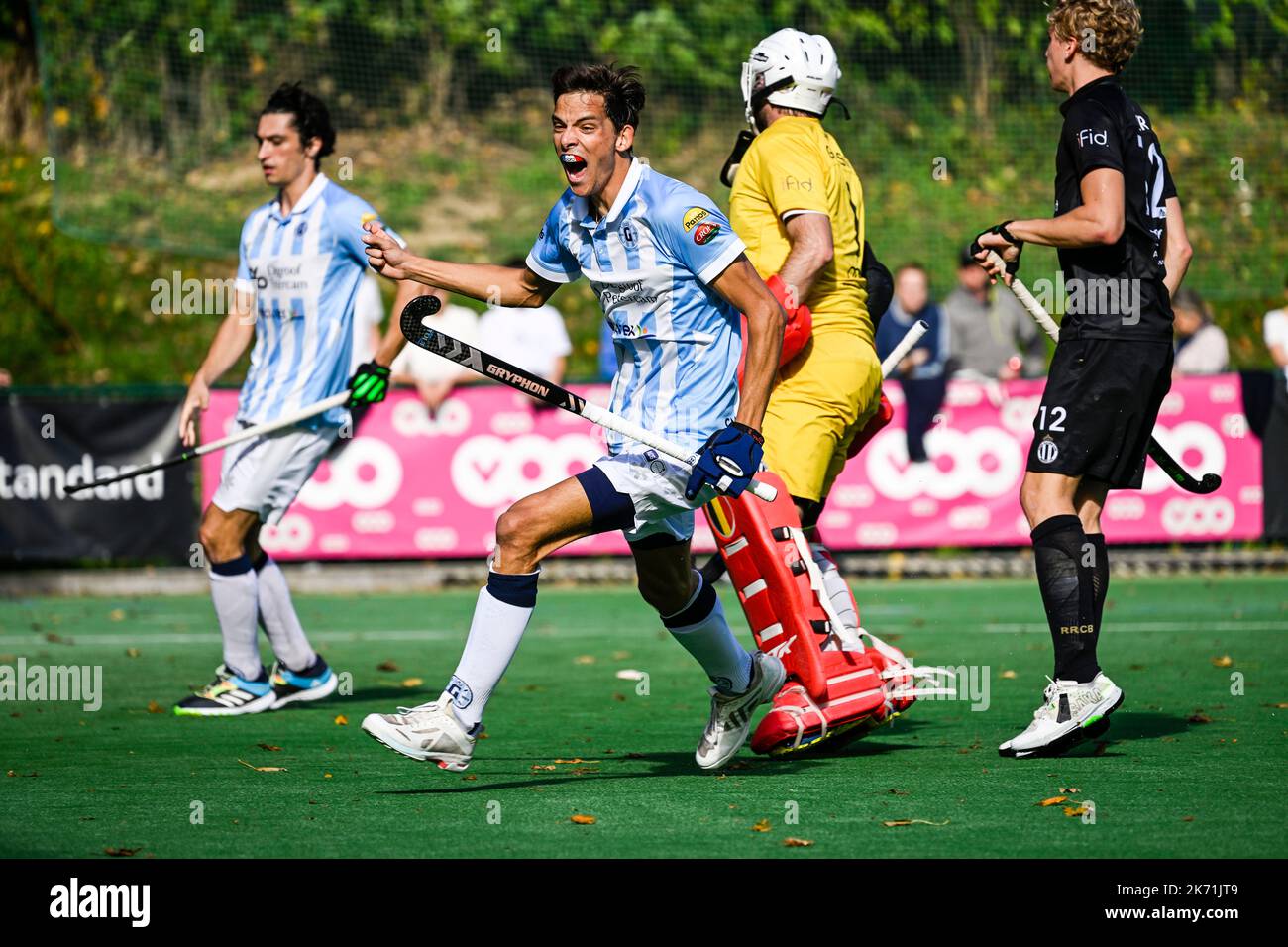 Gantoise's Timothee Clement celebrates after scoring during a hockey ...