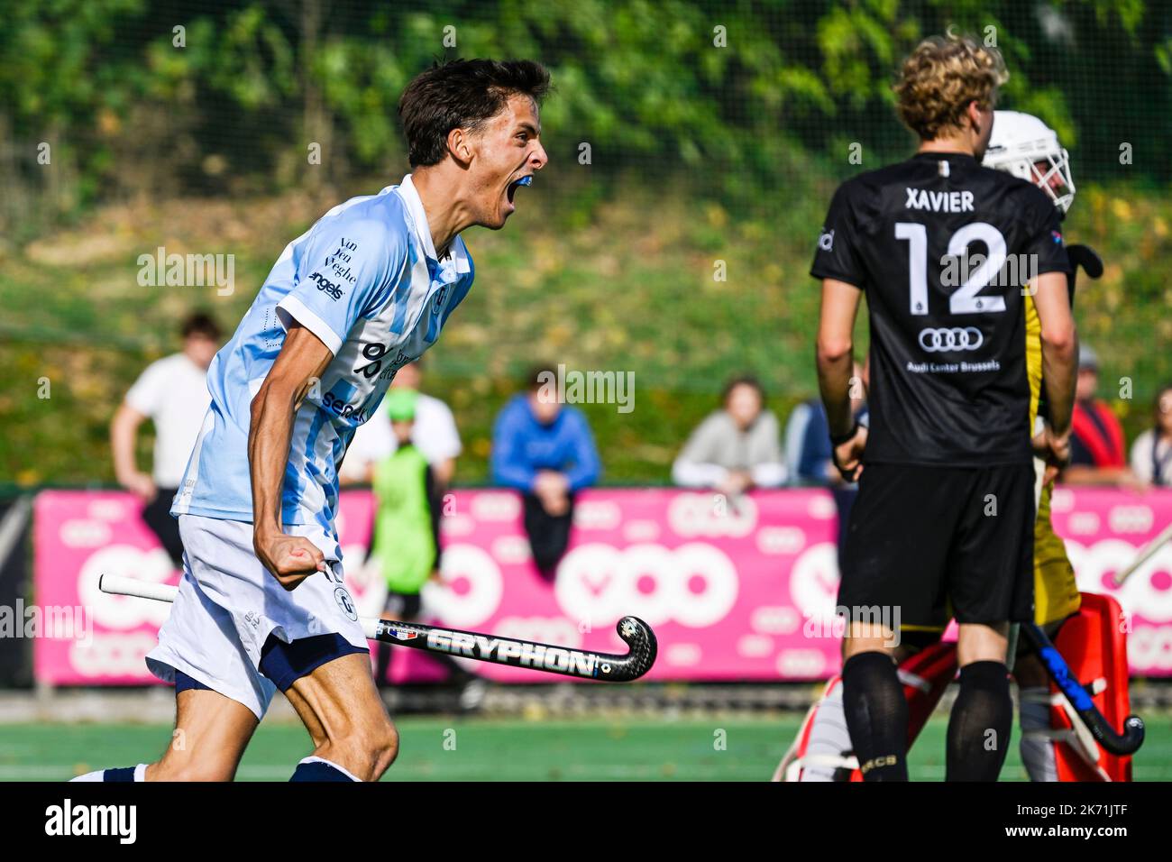 Gantoise's Timothee Clement celebrates after scoring during a hockey ...