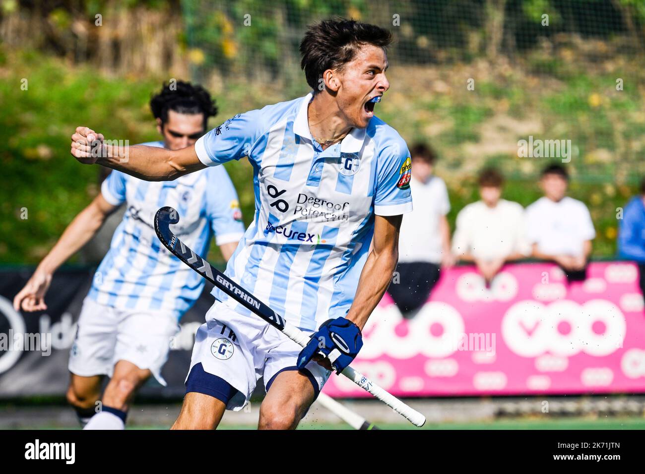 Gantoise's Timothee Clement celebrates after scoring during a hockey ...
