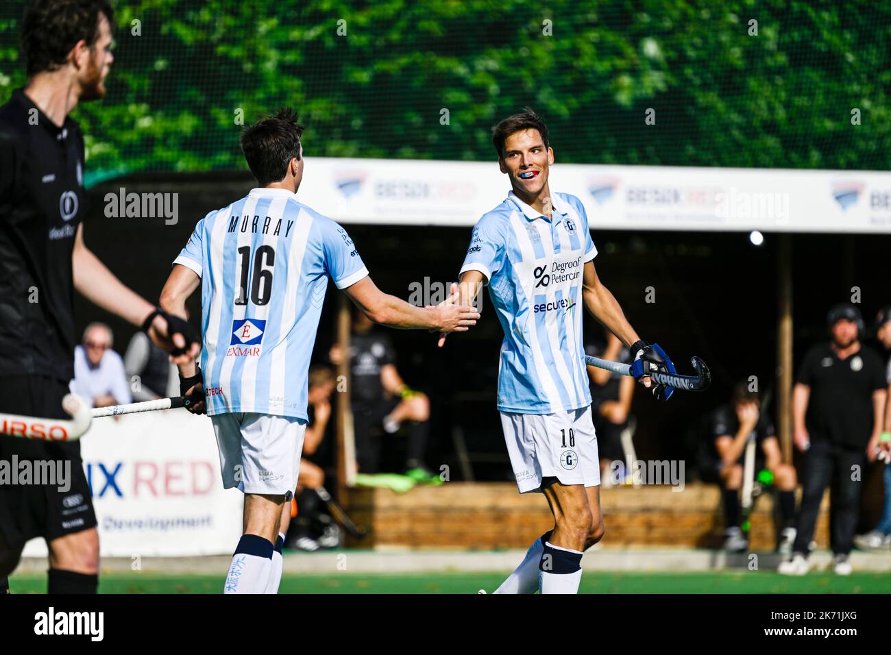 Gantoise's Timothee Clement celebrates after scoring during a hockey ...