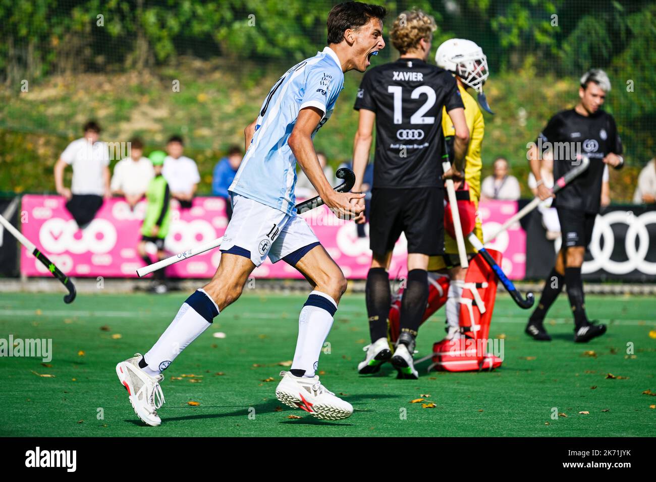 Gantoise's Timothee Clement celebrates after scoring during a hockey ...
