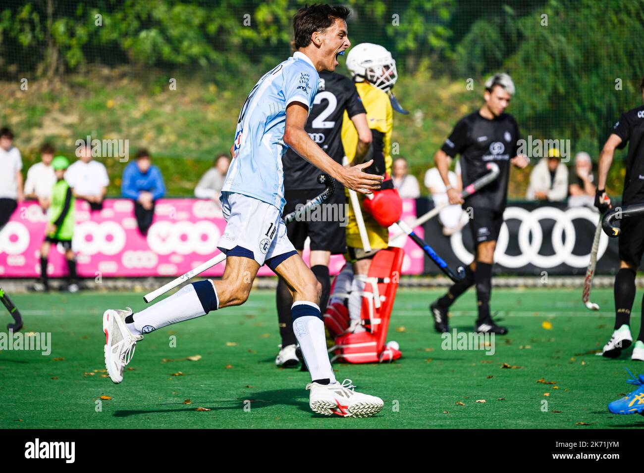 Gantoise's Timothee Clement celebrates after scoring during a hockey ...
