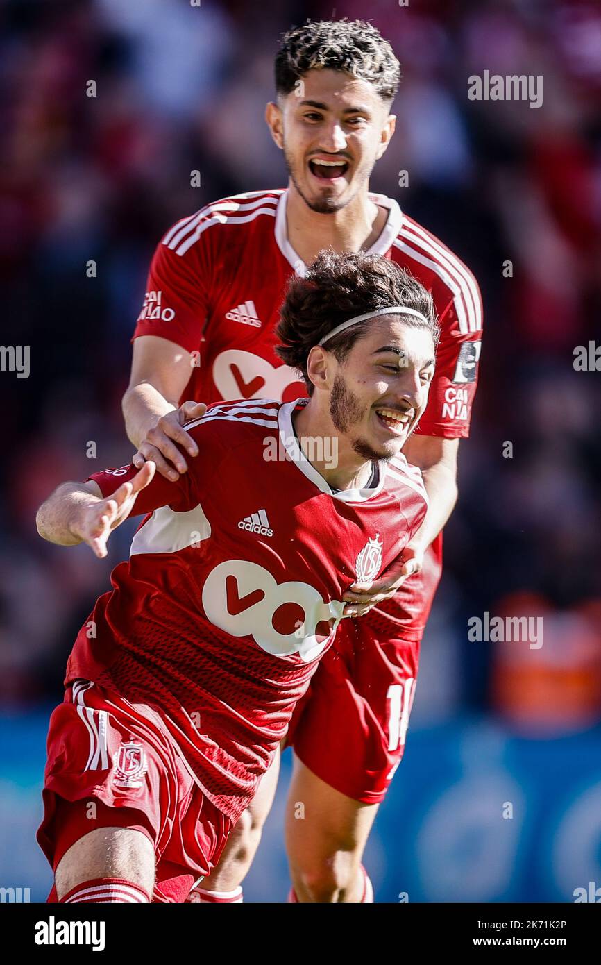 Standard's Cihan Canak celebrates after scoring during a soccer match ...