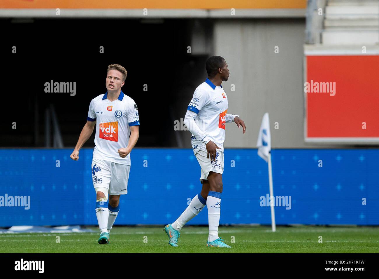 Gent's Matisse Samoise celebrates after scoring during a soccer match ...