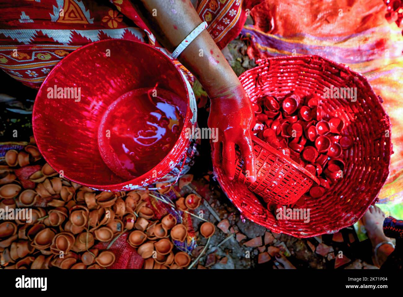 Earth lamps made of soil seen getting colored ahead of Diwali Festival ...