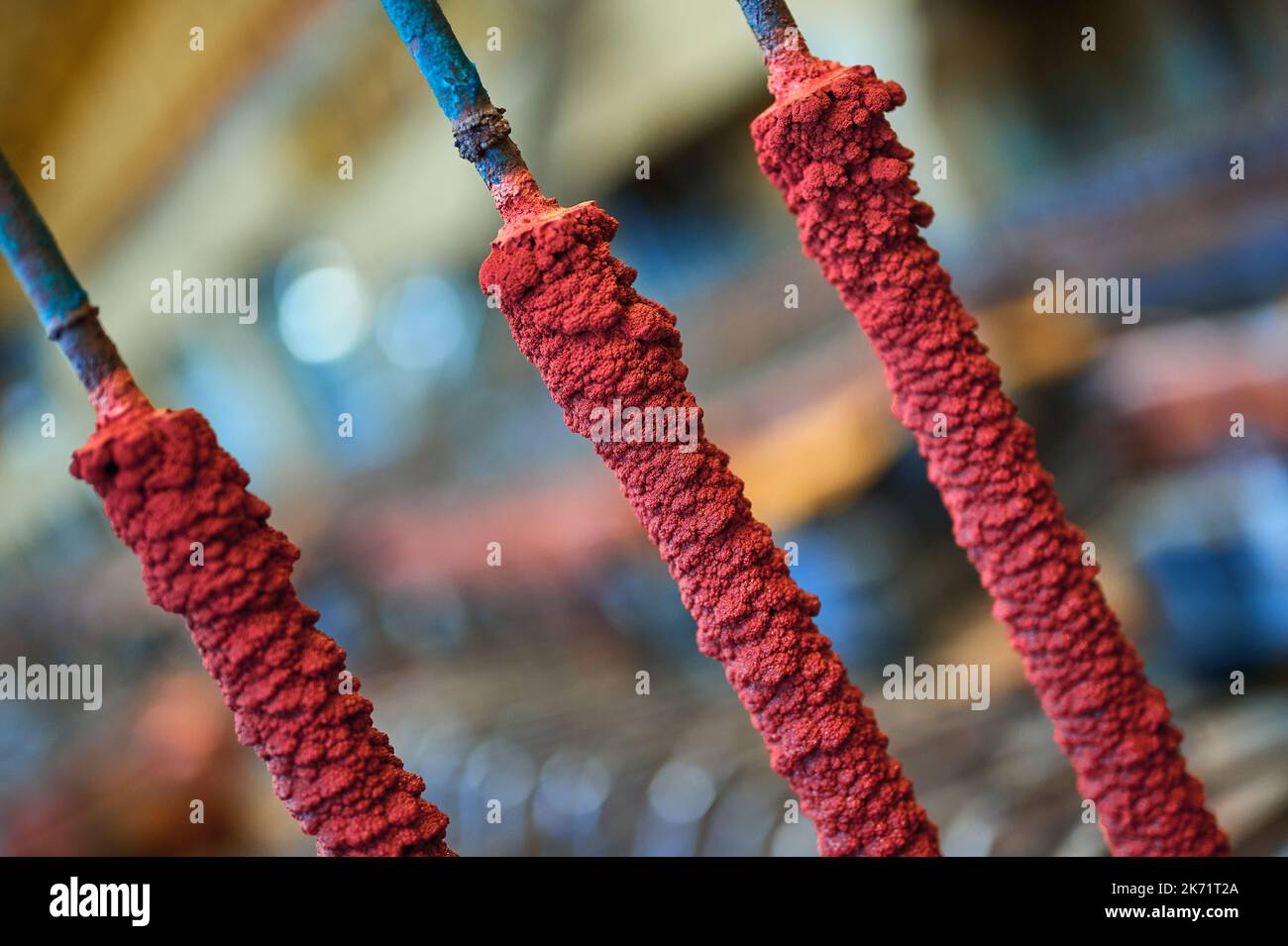 Red copper powder overgrowth on long metal cathode rods Stock Photo - Alamy