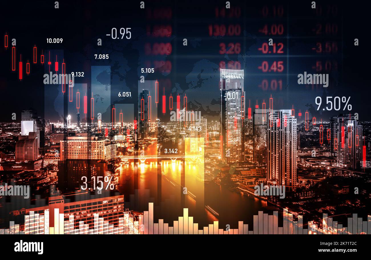 The digital indicators and declining graphs of a stock market crash ...