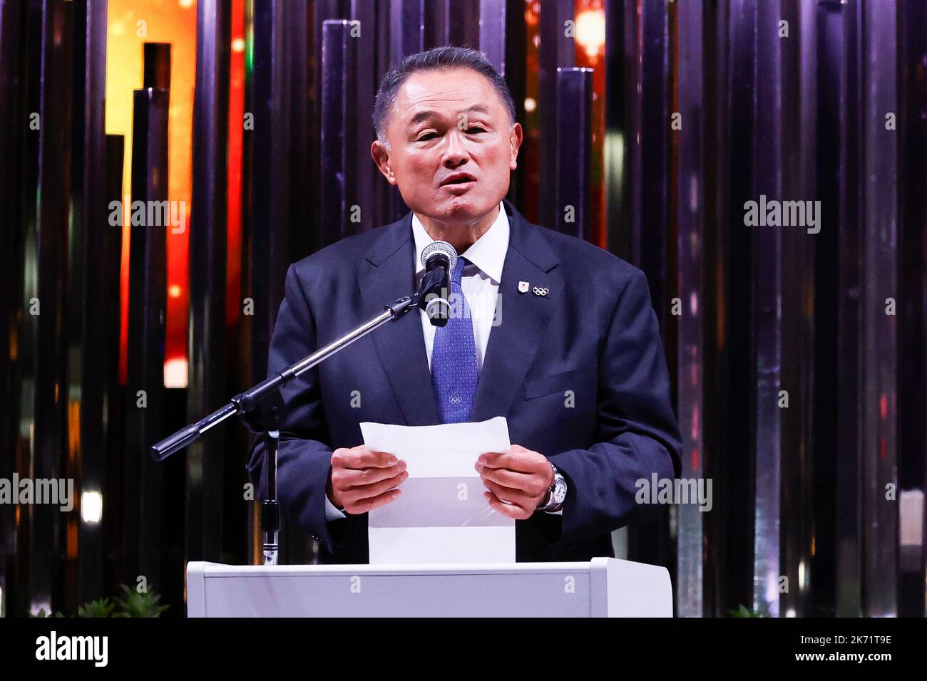 Tokyo, Japan. 15th Oct, 2022. JOC President Yasuhiro Yamashita delivers ...