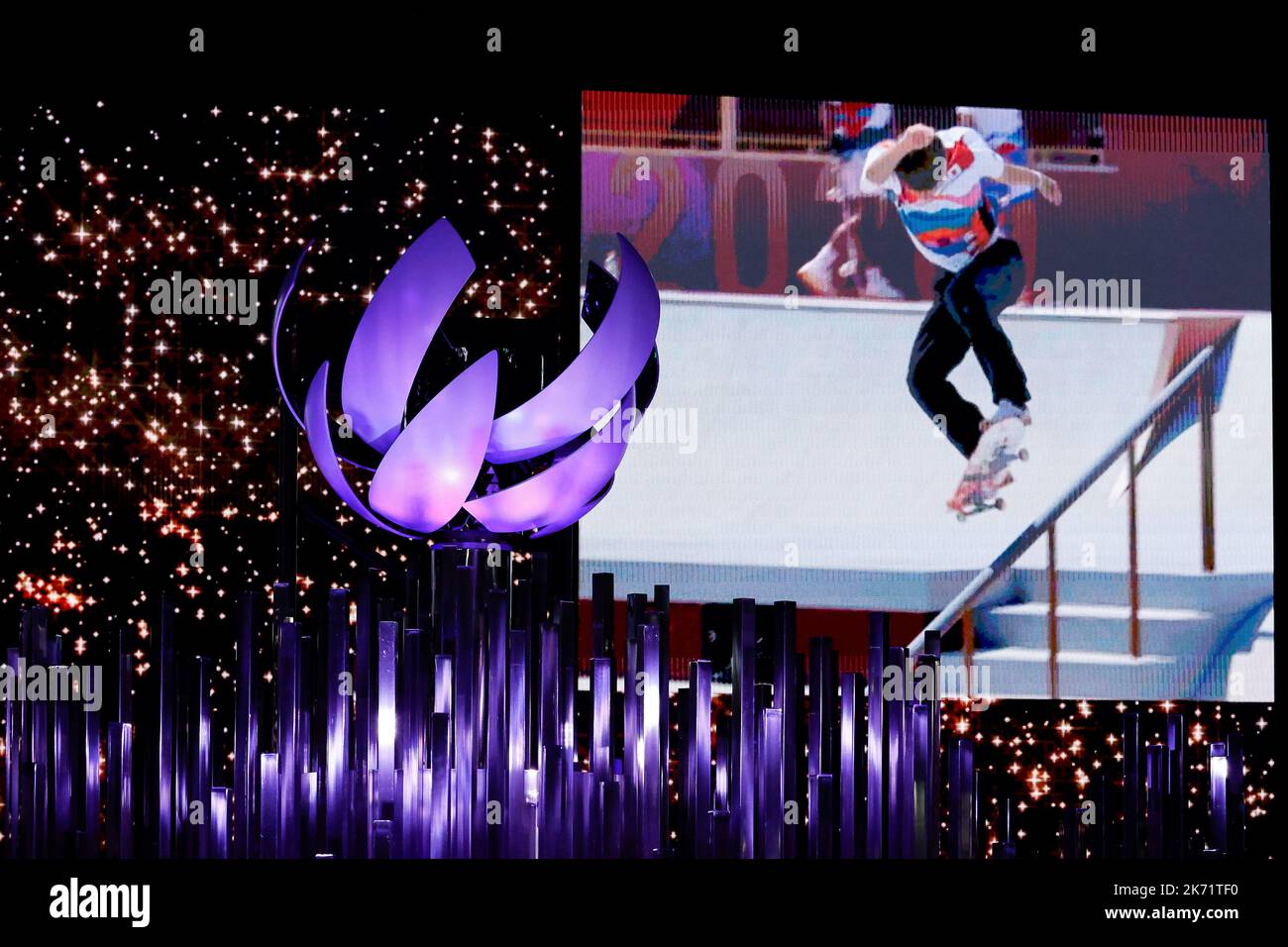 Tokyo, Japan. 15th Oct, 2022. A huge screen displays the history of the ...