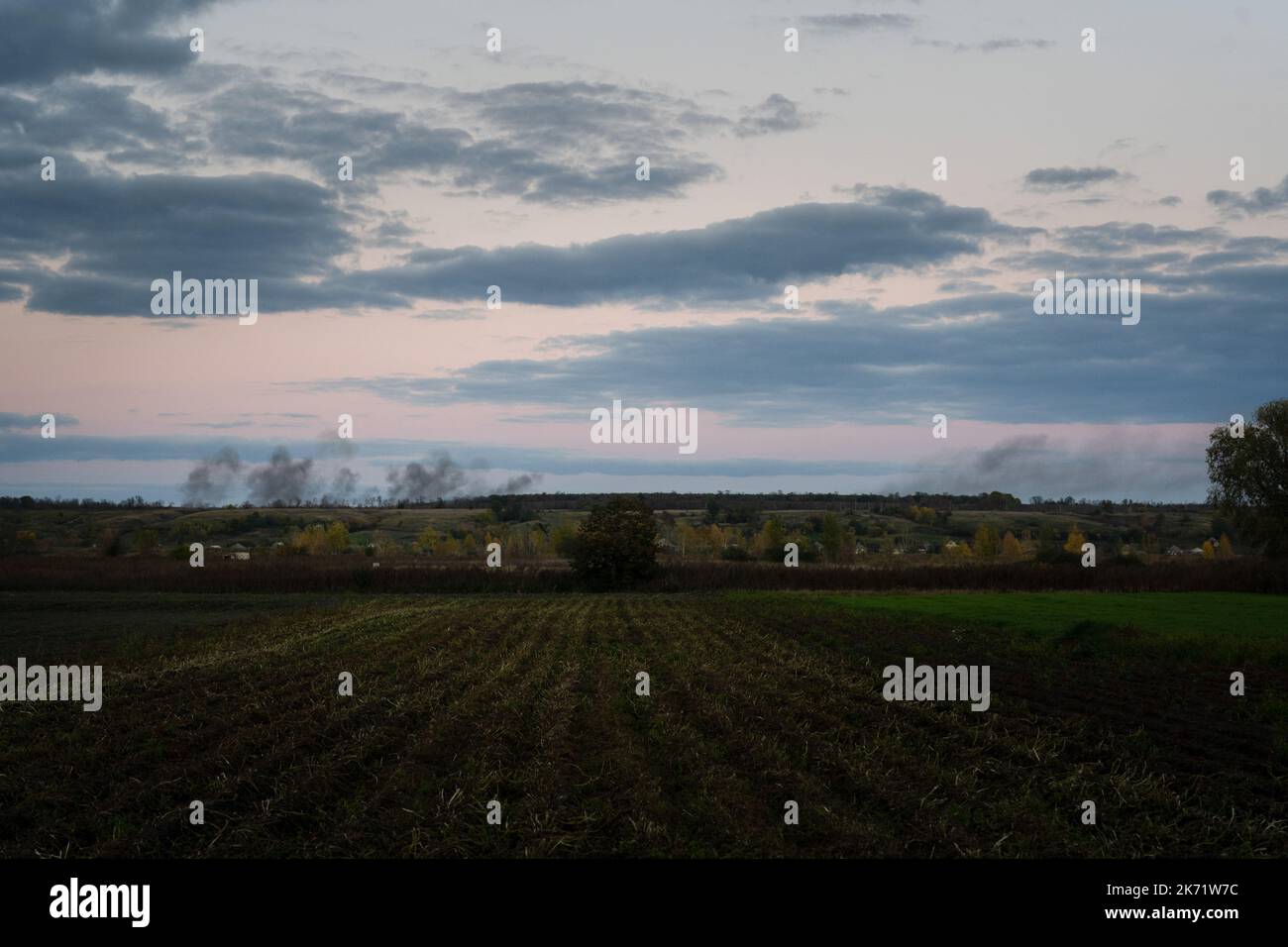 Lyman, Ukraine. 14th Oct, 2022. Smoke seen outside a house in Lyman ...