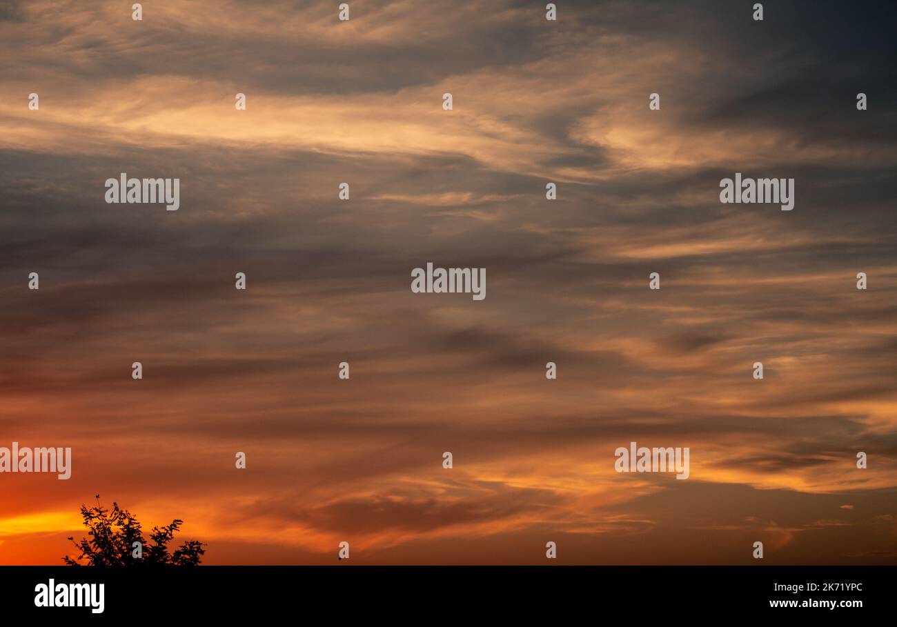 Beautiful colors in the clouds during sunset. Clouds cover the sky and ...