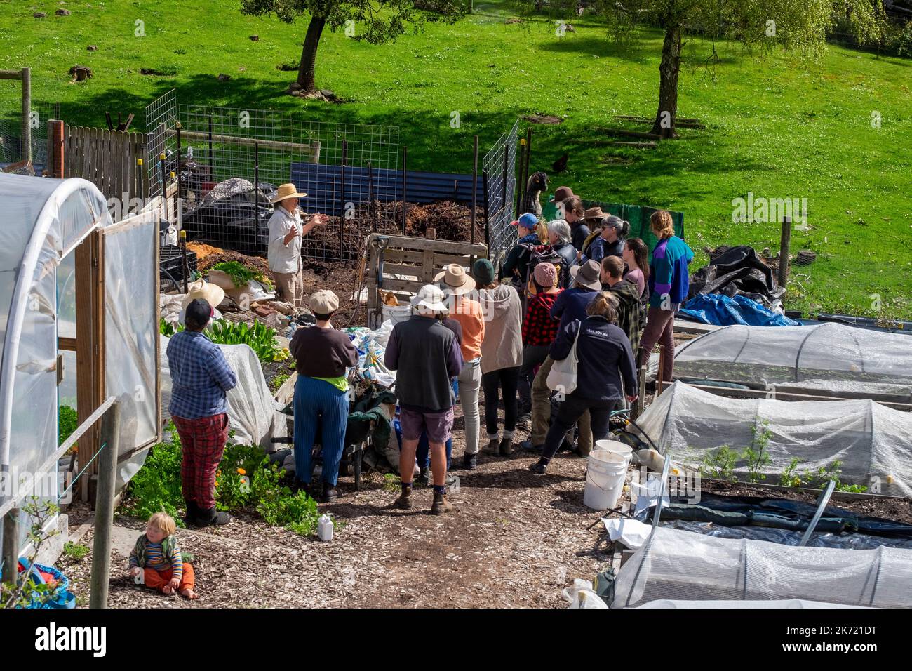 A group of permaculture students attending a composting workshop on a ...
