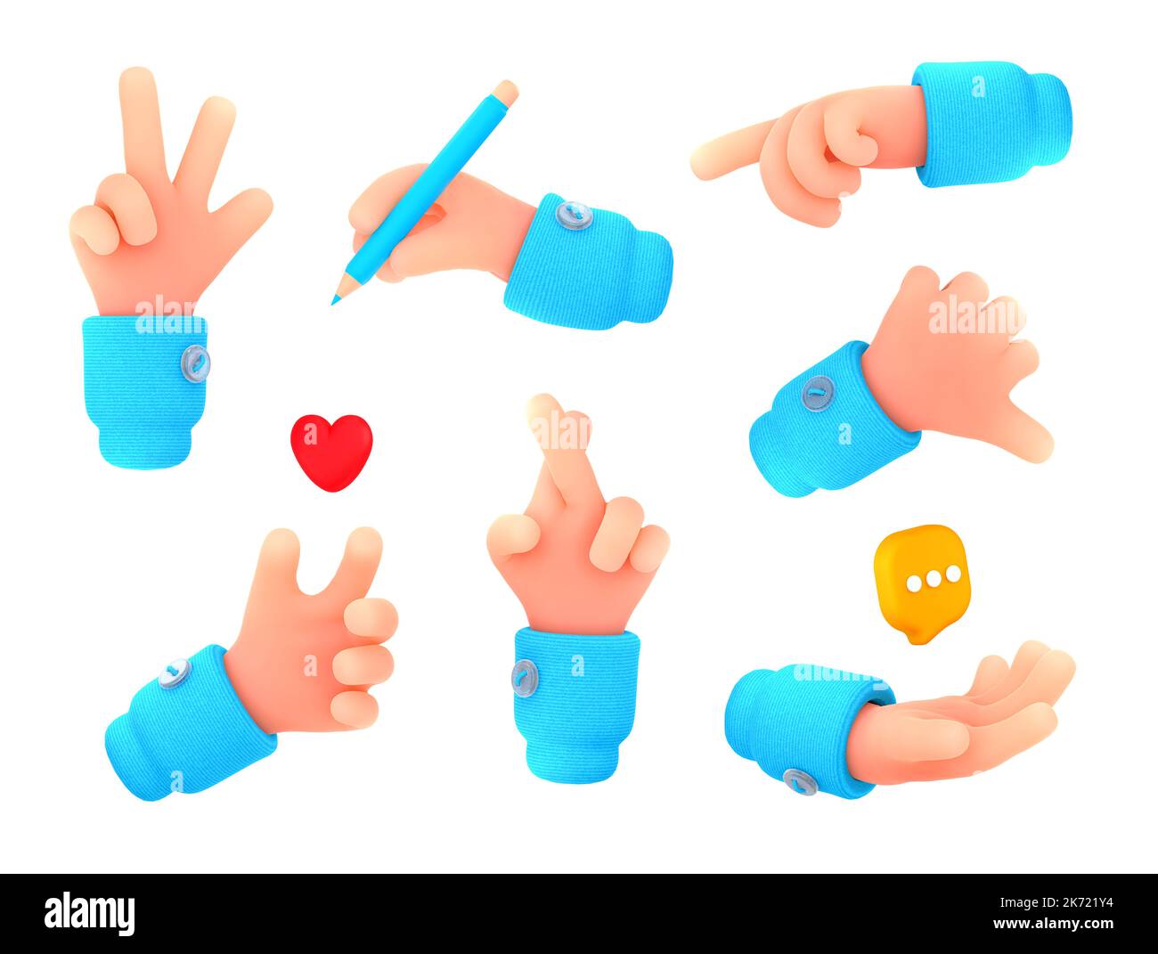 3d render hand gestures, thumb down, victory, pointing and crossed ...