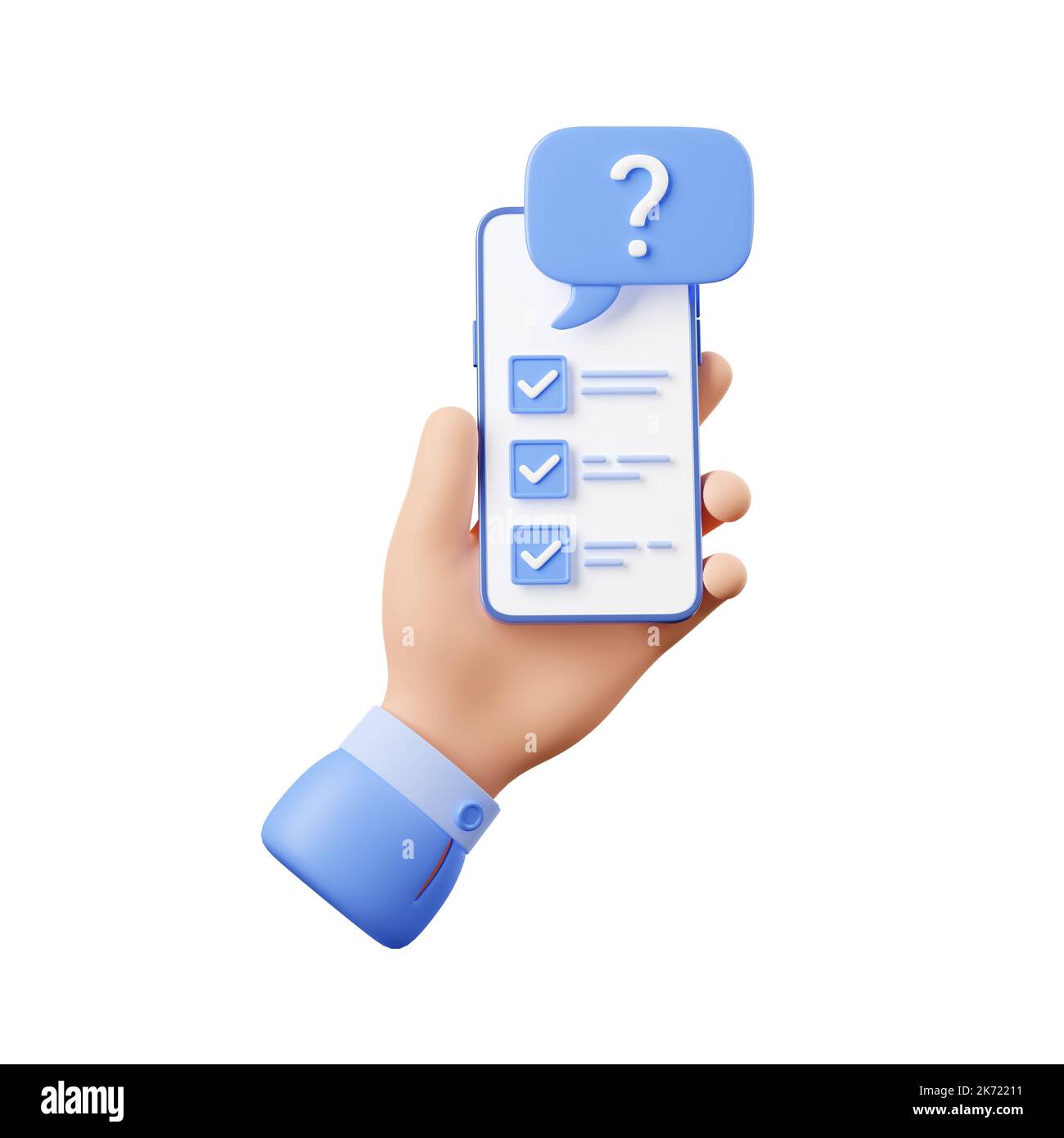 Hand hold mobile phone with check list on screen and question mark ...