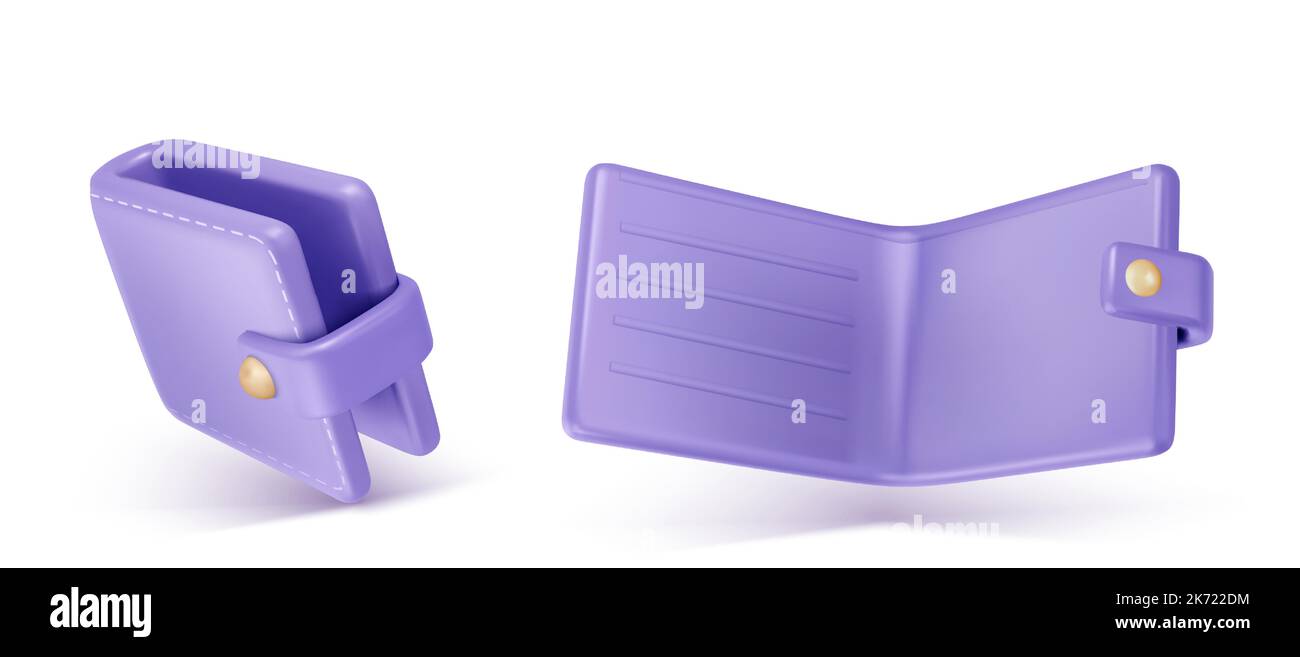 3D vector illustration of purple wallet open and closed isolated on ...