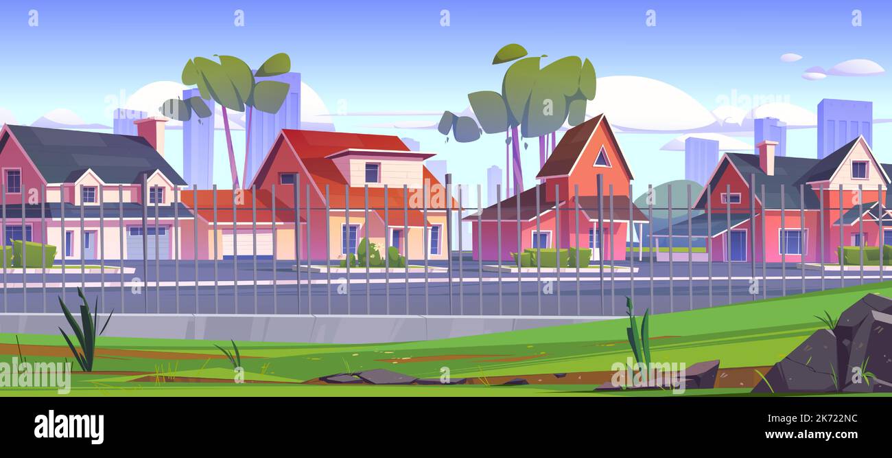 Suburban street with houses and road behind metal fence. Summer ...