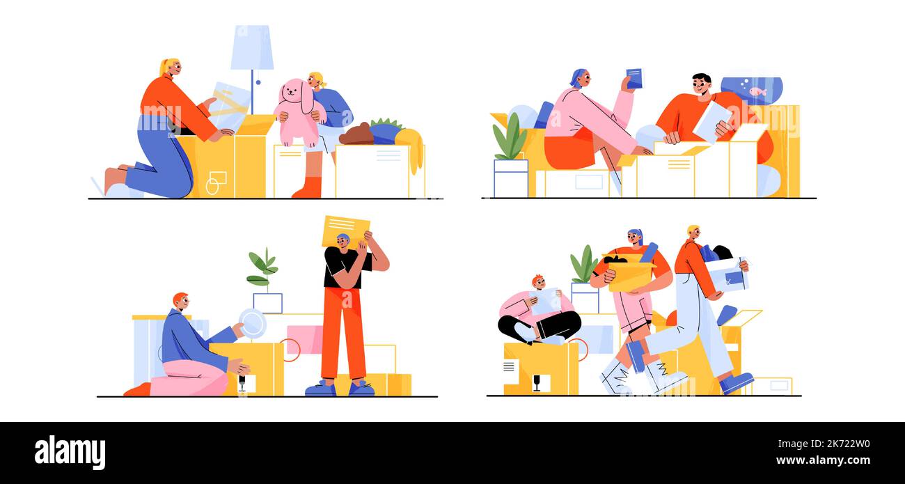 Happy family moving into new house, people relocation. Mother, father ...