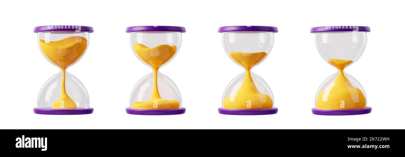 3D render hourglass, sand clock, time icons set. Vintage glossy watch ...