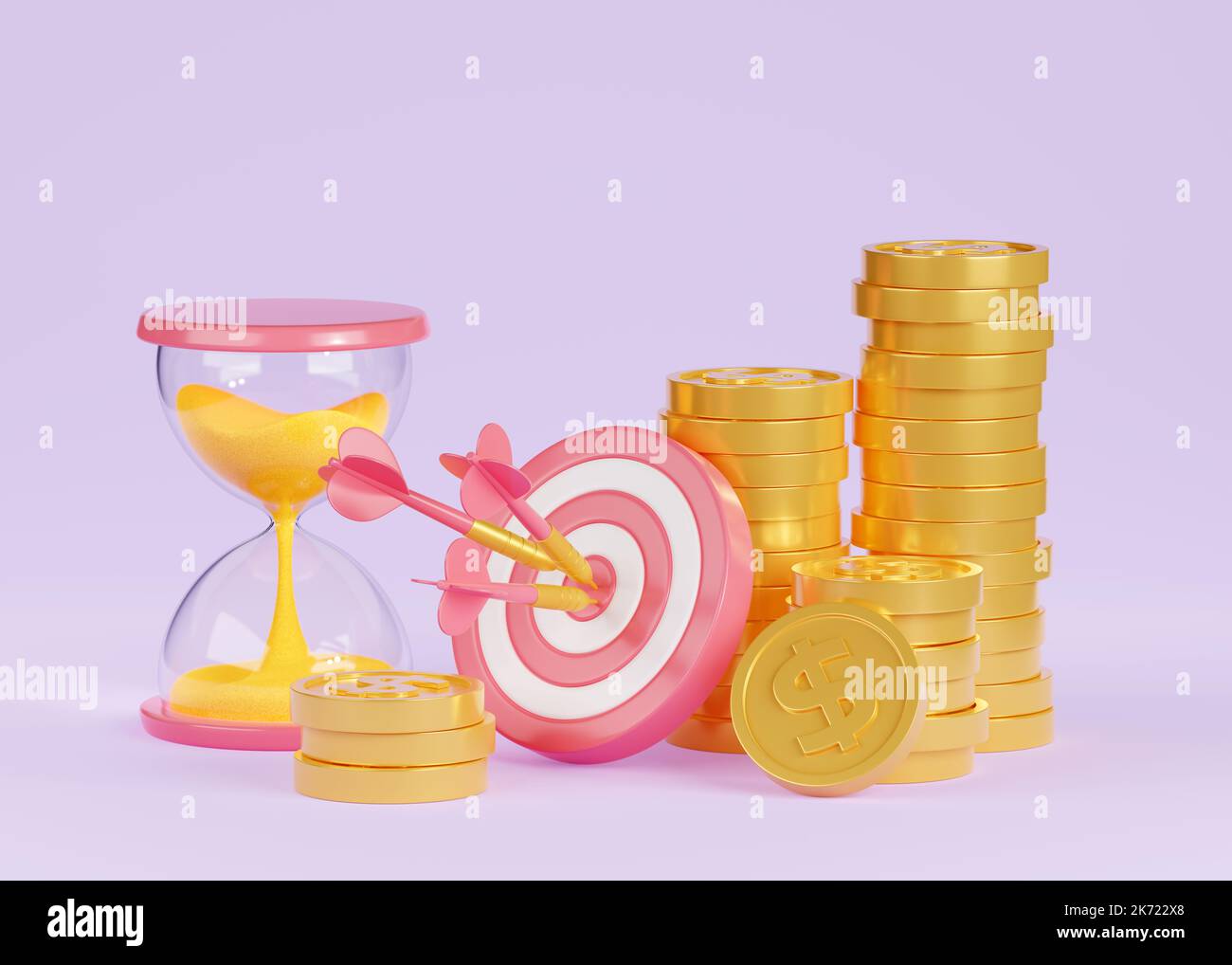 3d render bullseye target, sandglass and golden coins stacks around ...