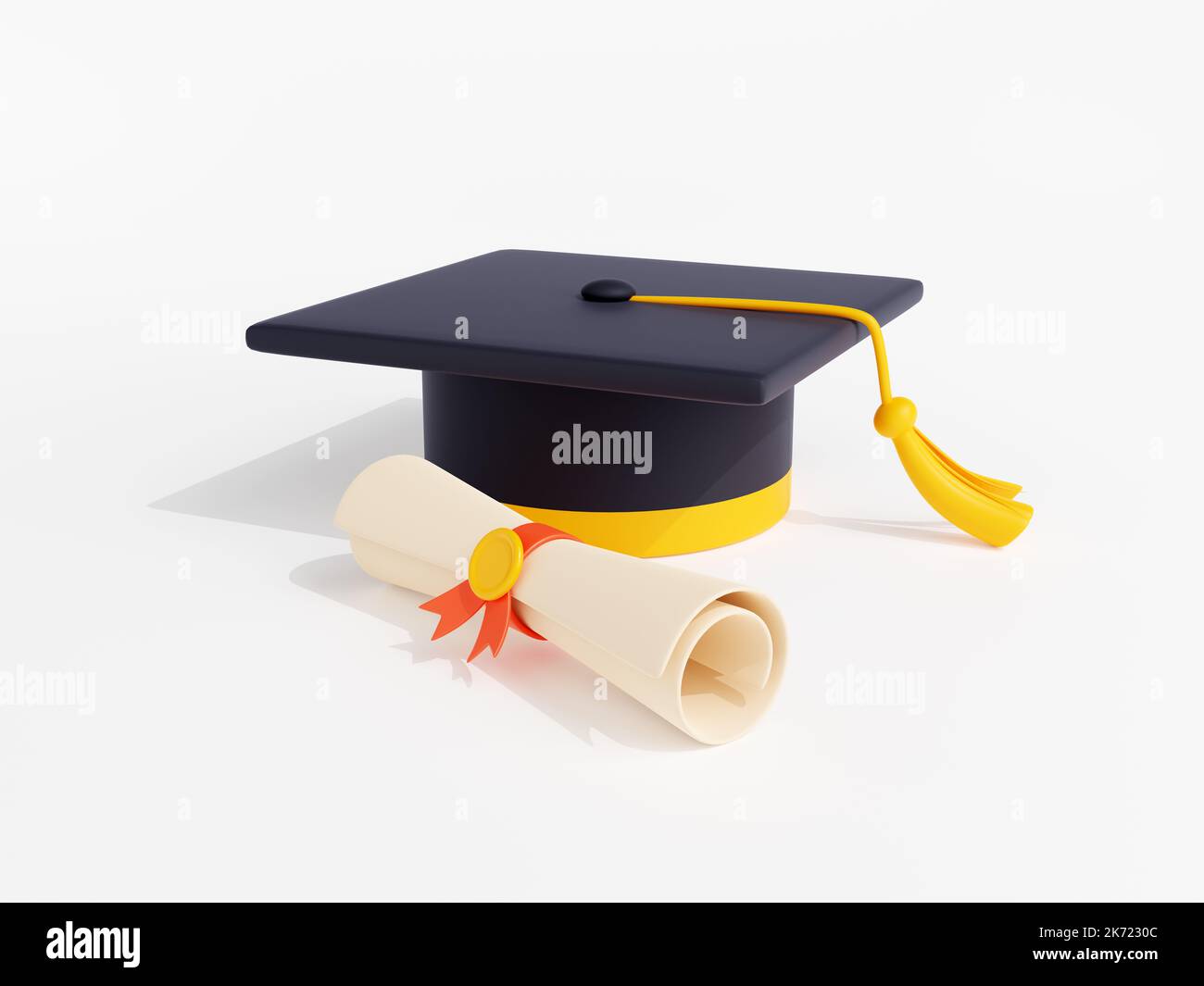 3d render graduation cap with diploma certificate scroll. University ...