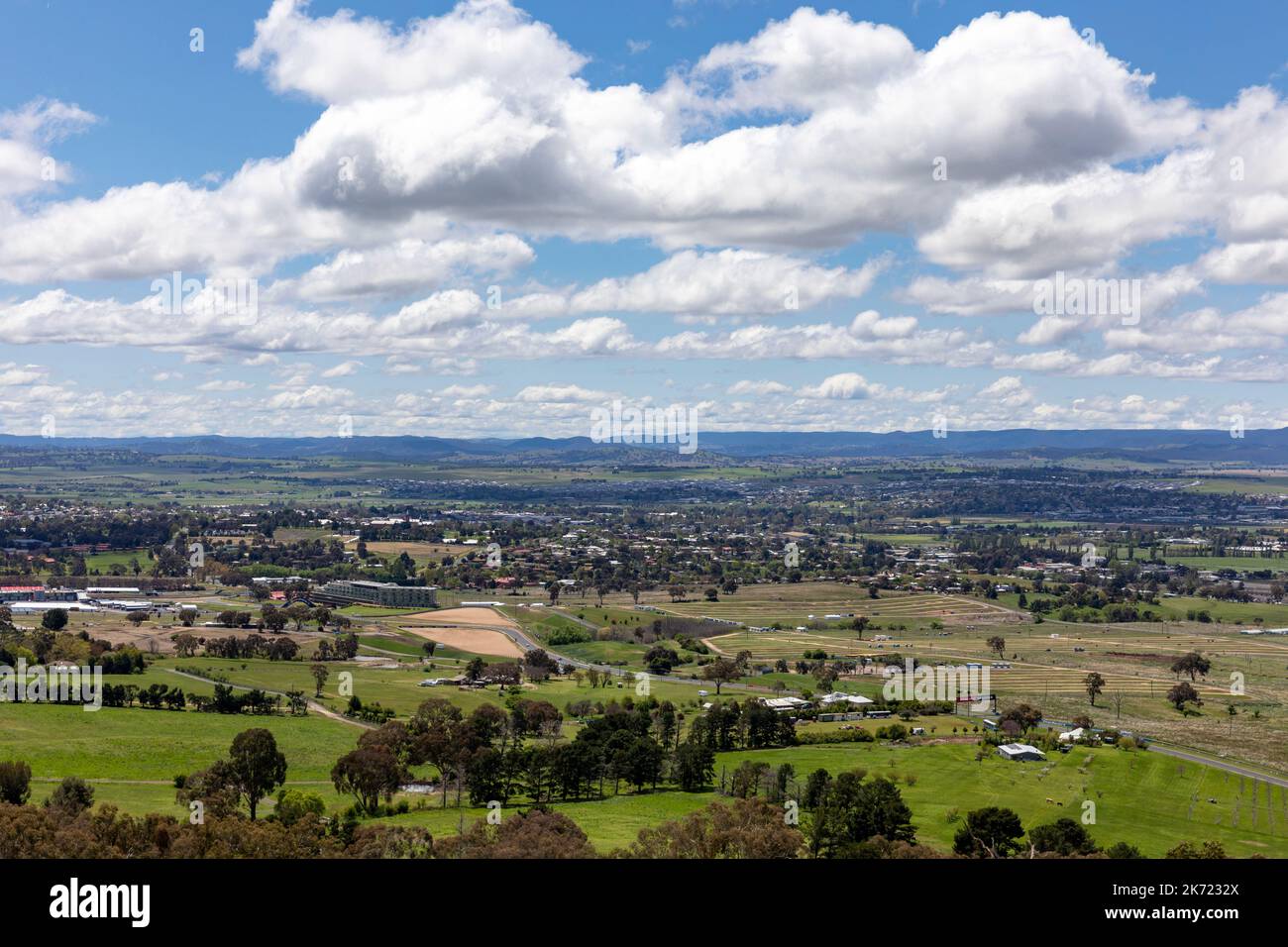 Aerial elevated view over Mount Panorama motor racing circuit and view ...
