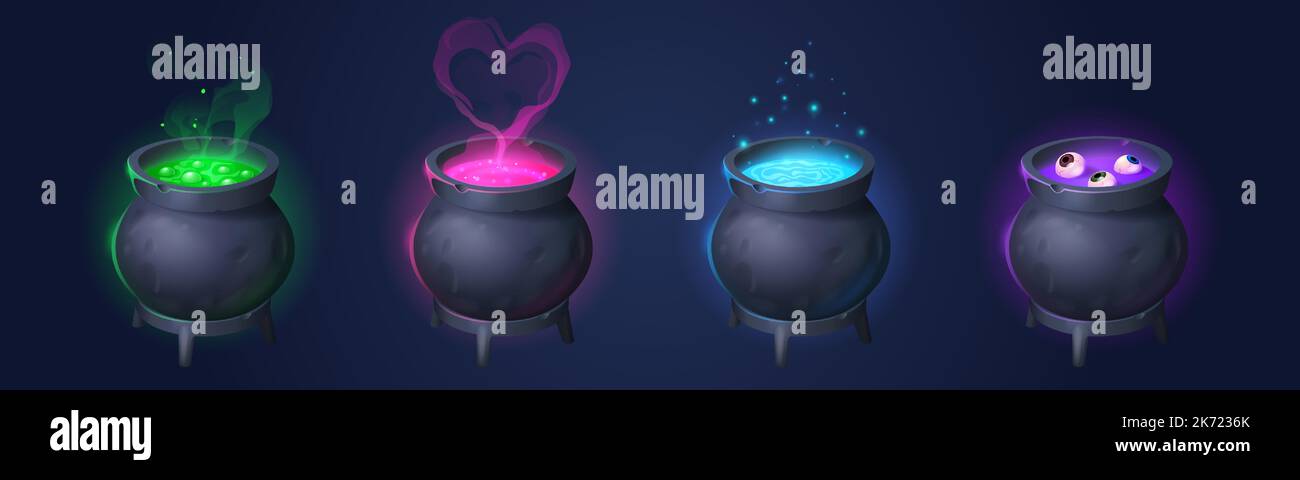 Cauldrons with witch magic potions. Green poison, love potion, soup ...