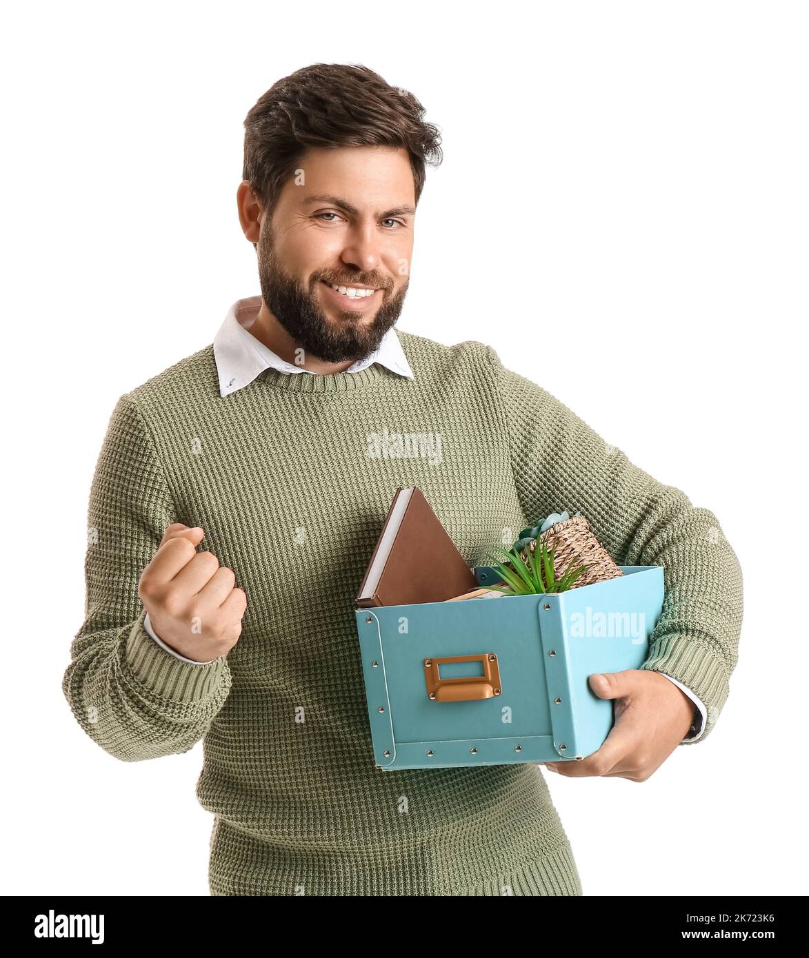 Fired young man holding box with personal stuff on white background ...