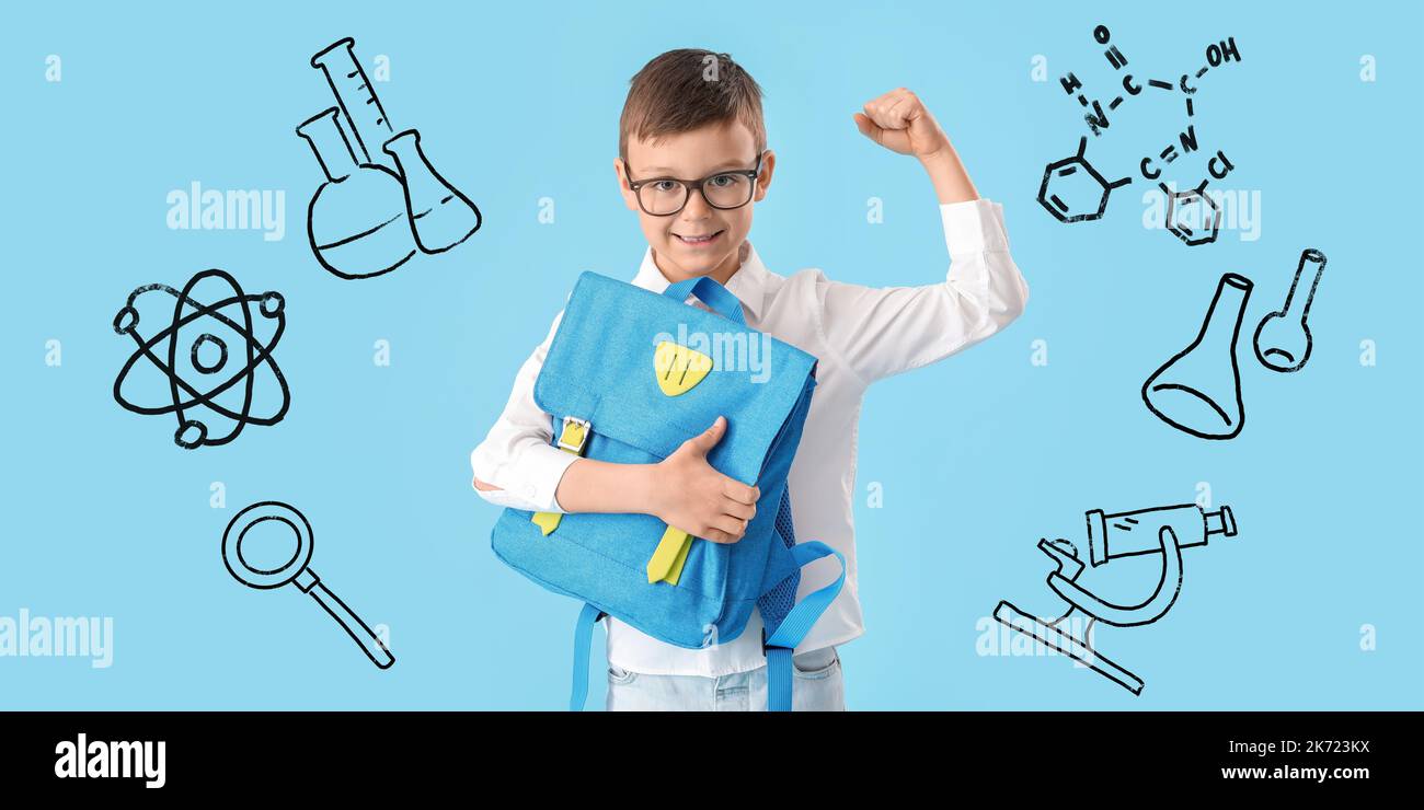 Happy little schoolboy with backpack and different drawings on light ...
