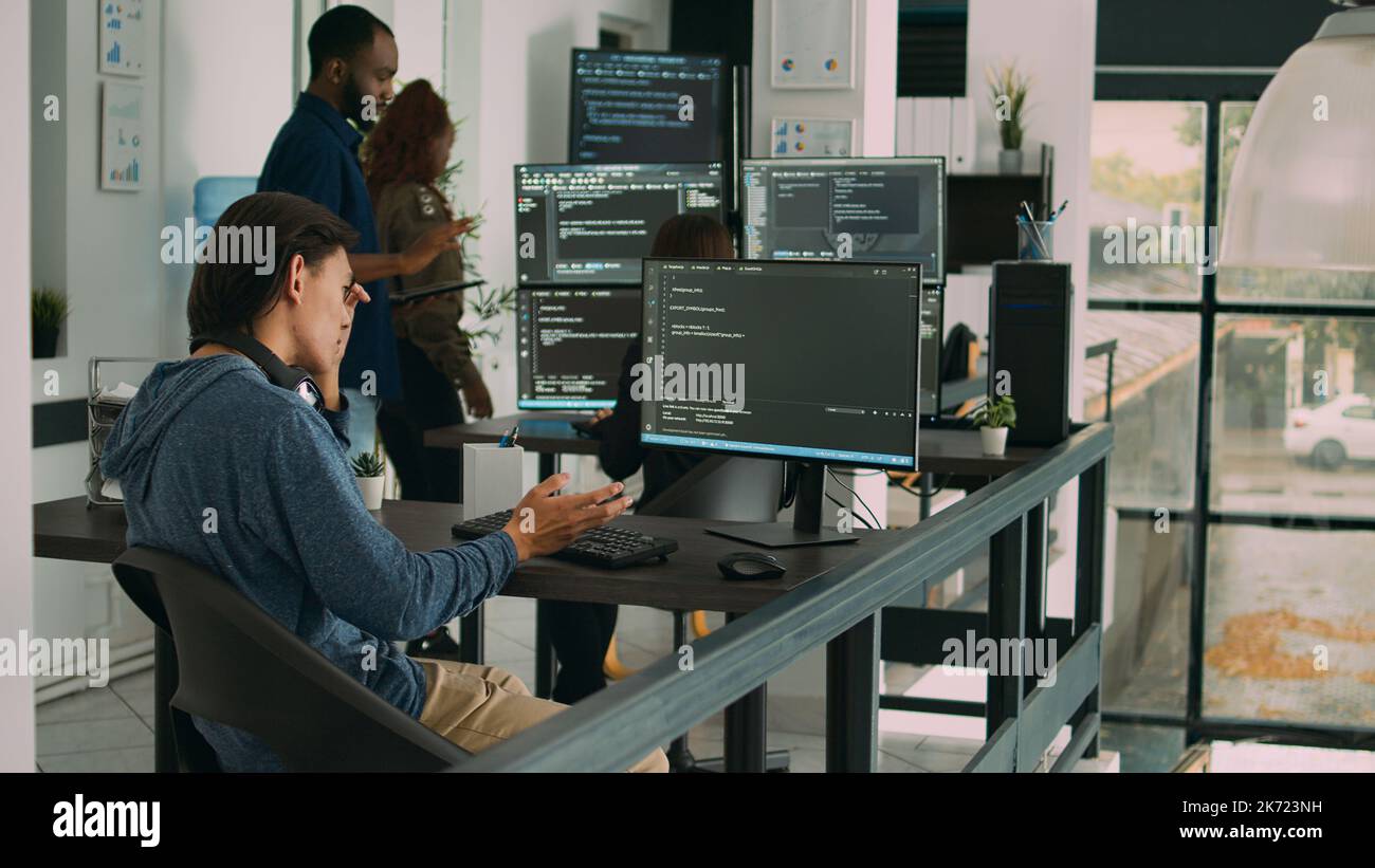 Software Programer Typing Source Code On Computer Keyboard Developing Firewall Server And Cloud