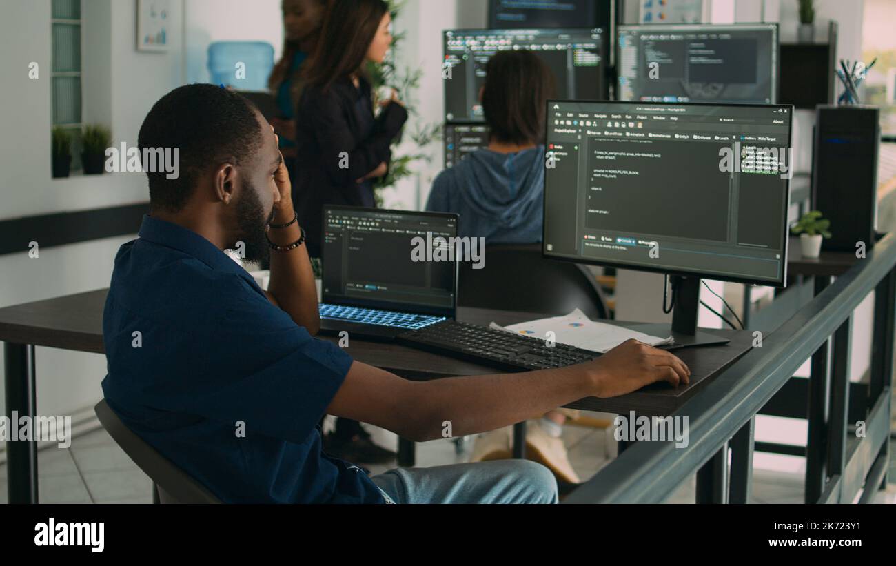 Software Programer Brainstorming Ideas To Write Code And Create Security Program Displaying