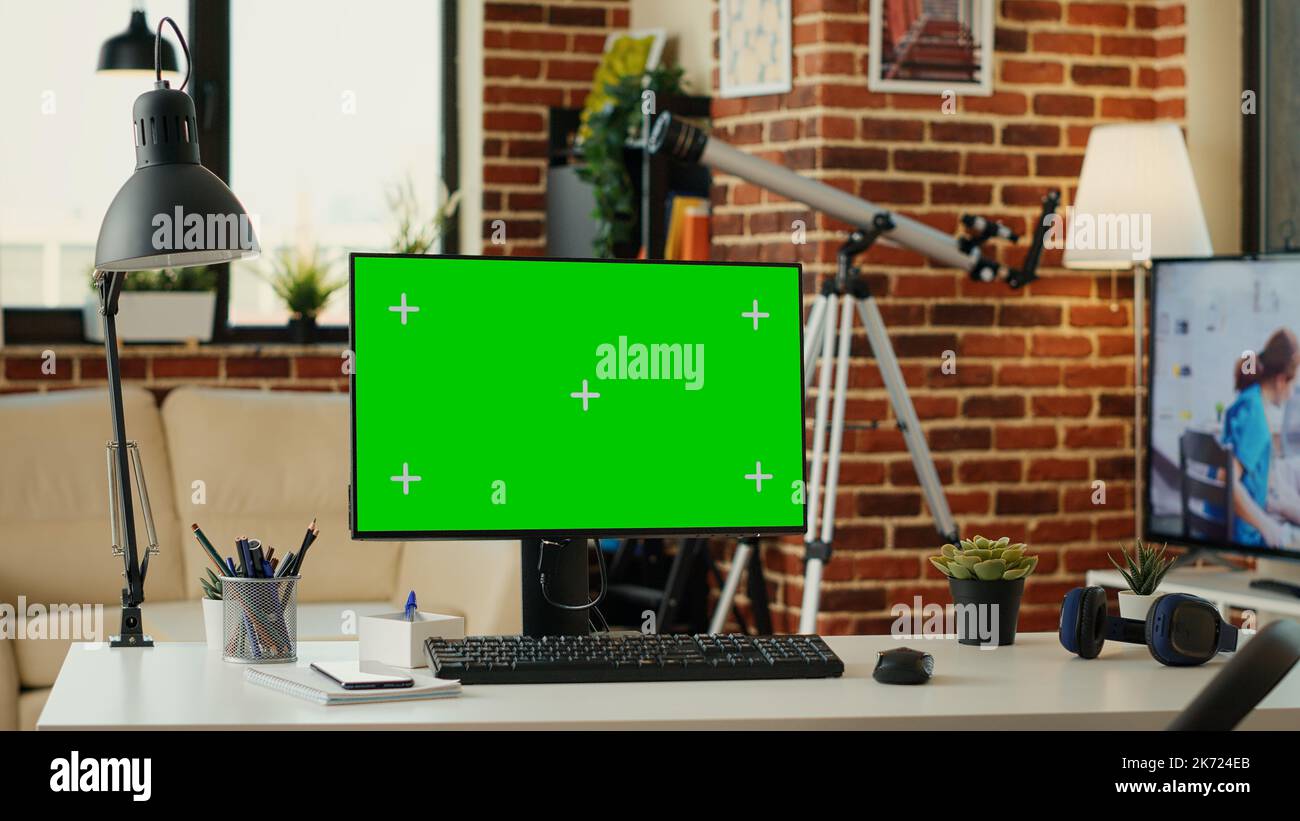 Greenscreen Display On Computer With Empty Desk In Living Room