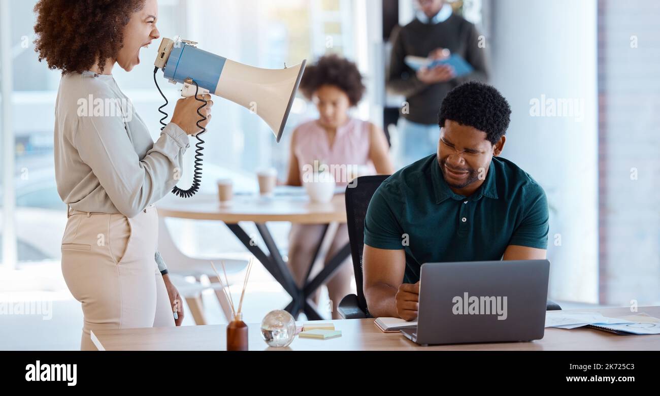 Black man, laptop and boss on megaphone angry or shouting at employee ...