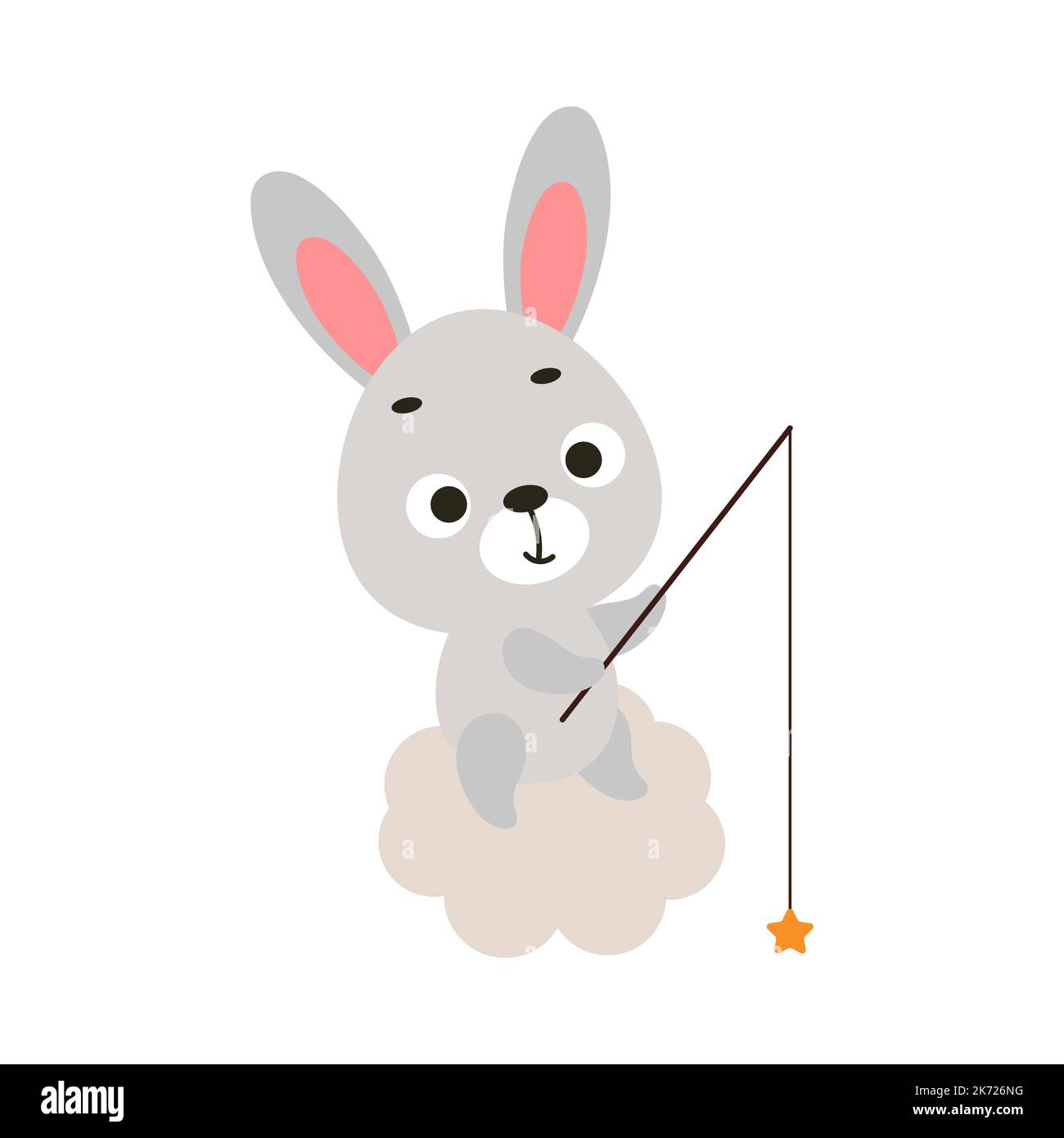 Cute little bunny fishing star on cloud. Cartoon animal character for ...
