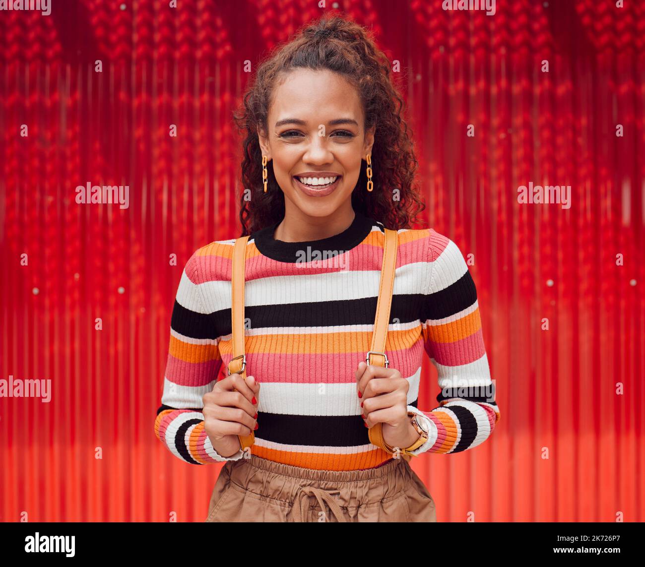 Fashion, happy and trendy black woman against red background, having ...