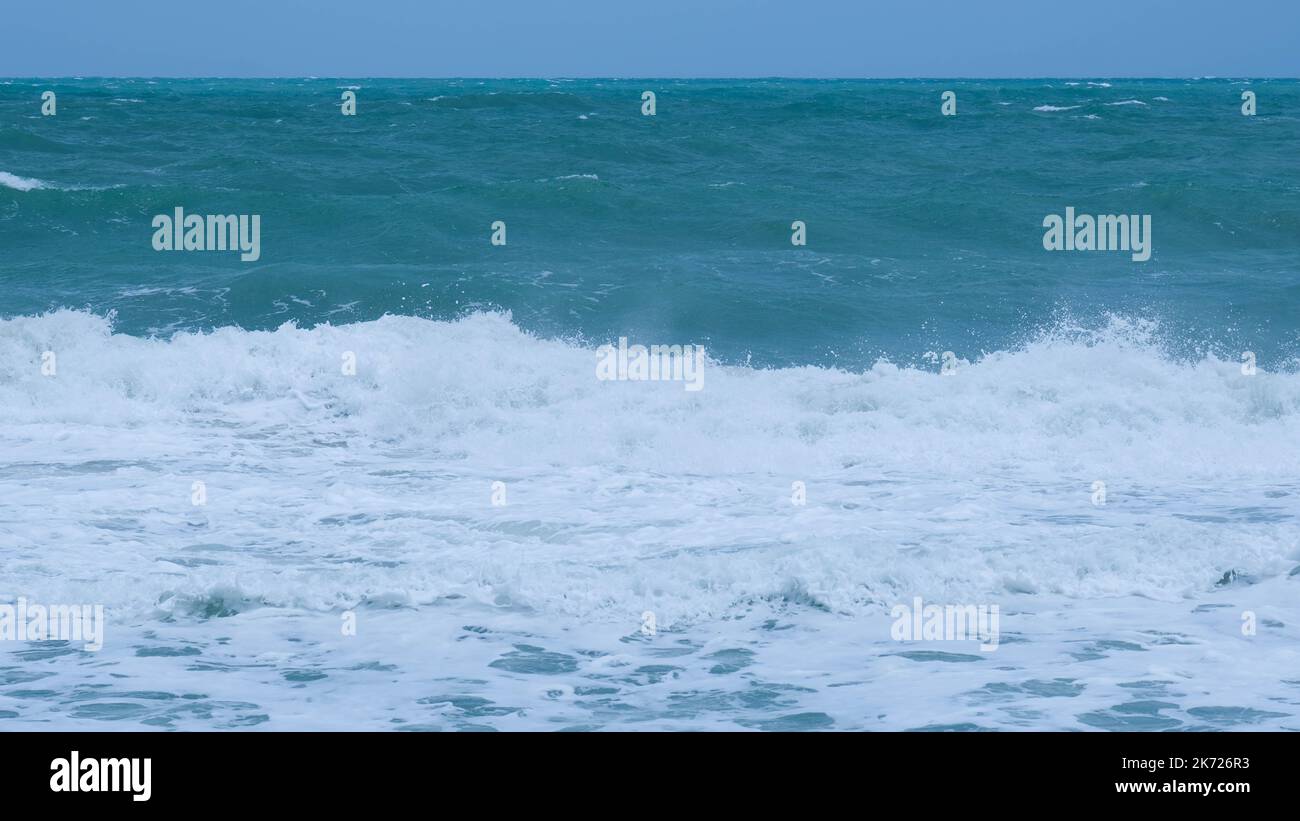 View of sea waves on the beach of tropical seas in Thailand. Strong sea ...
