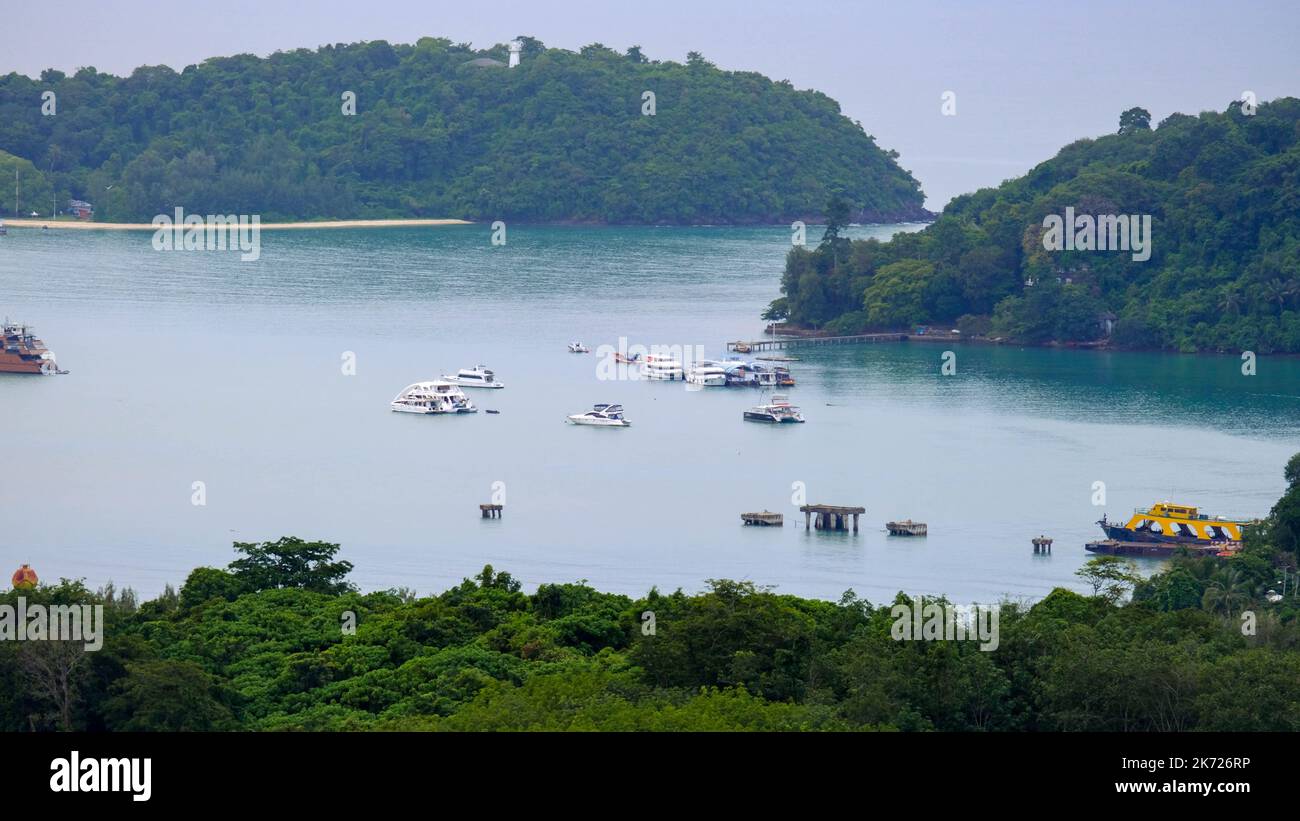 Aerial view from drones of ferries and cruise ships moored in port in ...