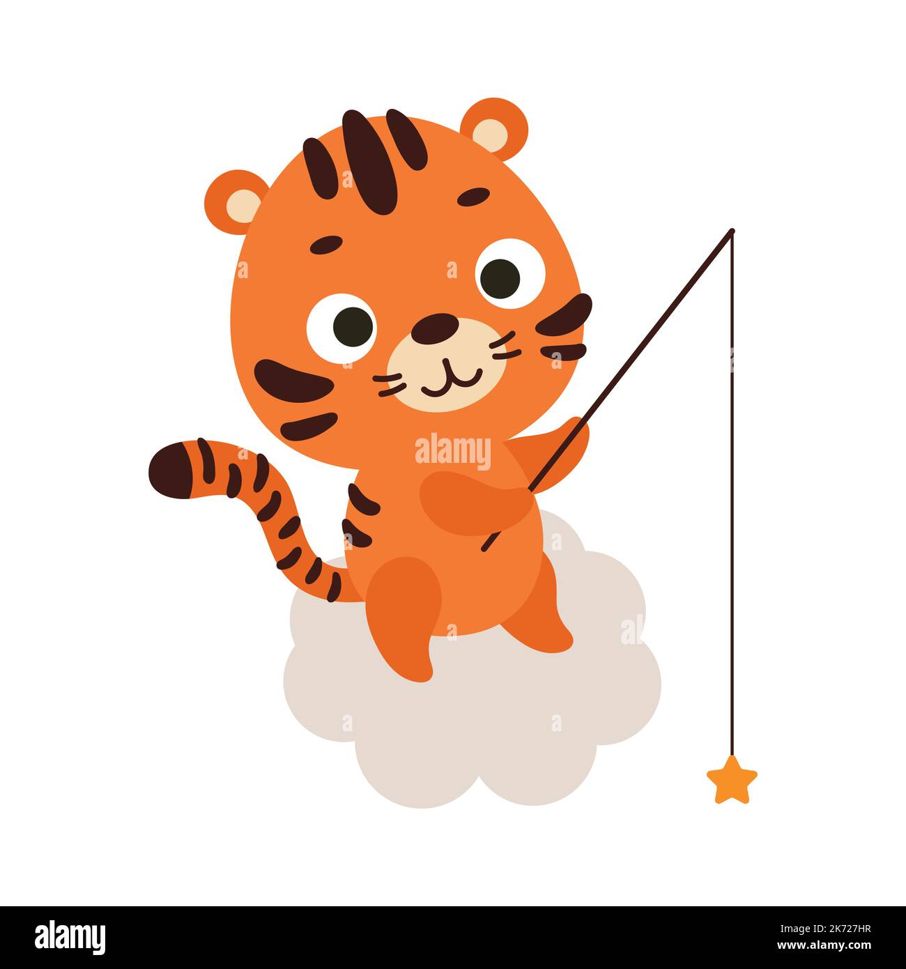 Cute little tiger fishing star on cloud. Cartoon animal character for ...