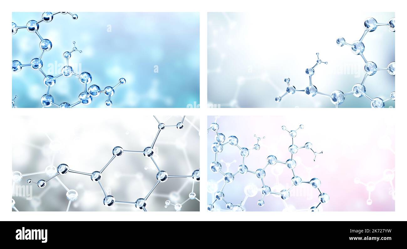 Set Of Horizontal Banners With Models Of Abstract Molecular Structure On Blue Background Copy