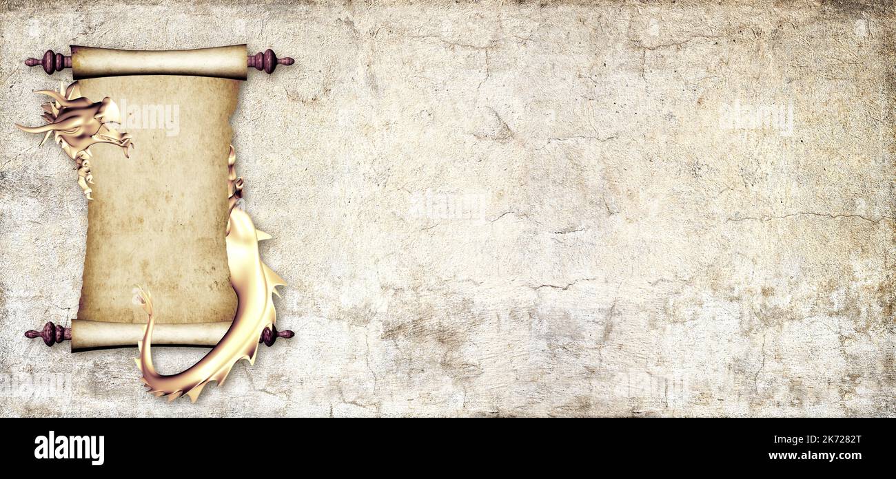 Horizontal banner with stucco wall texture, golden dragon and scroll of ...