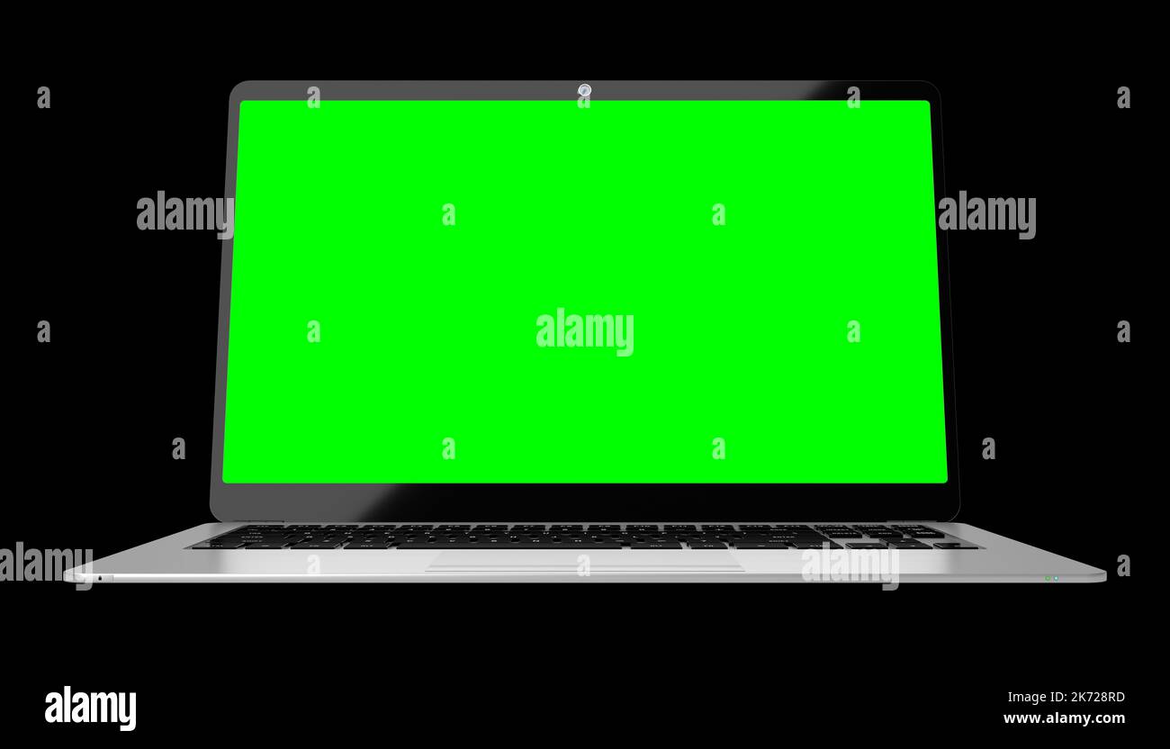 Modern laptop with empty green screen on black background - 3D ...