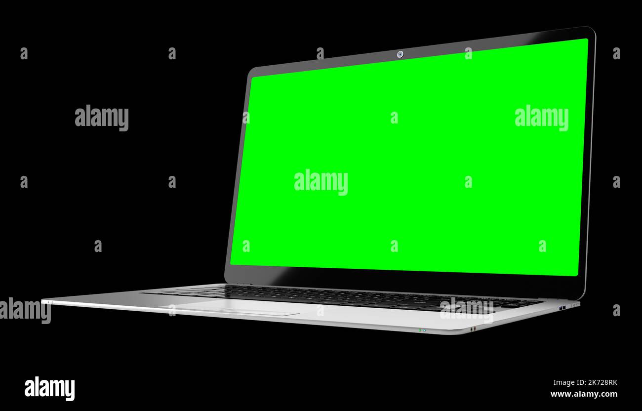 Modern laptop with empty green screen on black background - 3D ...