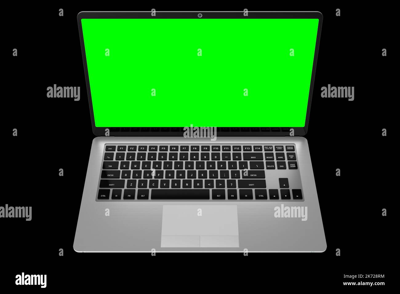 Modern laptop with empty green screen on black background - 3D ...