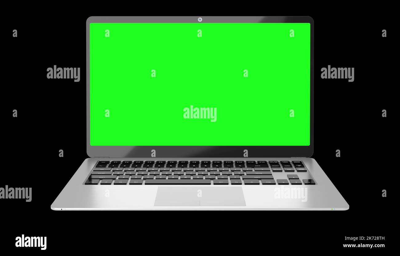 Modern laptop with empty green screen on black background - 3D ...