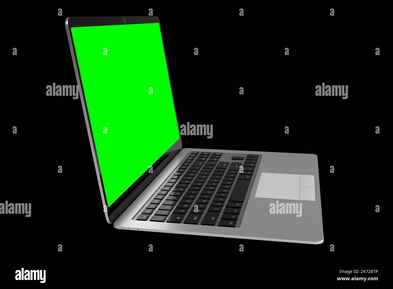 Modern laptop with empty green screen on black background - 3D ...