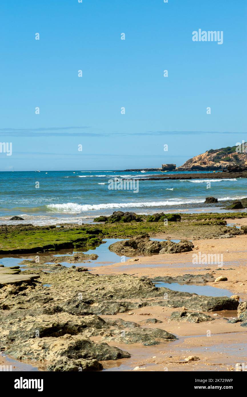 Maria Luisa beach with rock formation in Albufeira, Algarve, Portugal ...